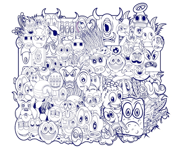 Whimsical Doodle of Quirky Creature Faces in Monochrome | Jiffy Designs