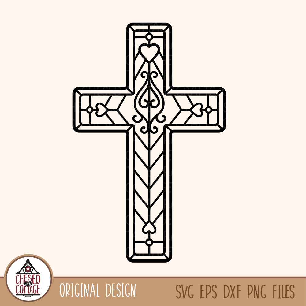 Ornate Cross with Intricate Heart and Leaf Motifs in Bold Black Lines ...