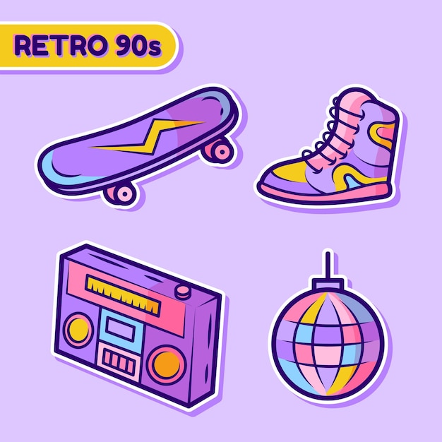 Vibrant Retro 90s Icons: Skateboard, Sneaker, Boombox, Disco Ball ...