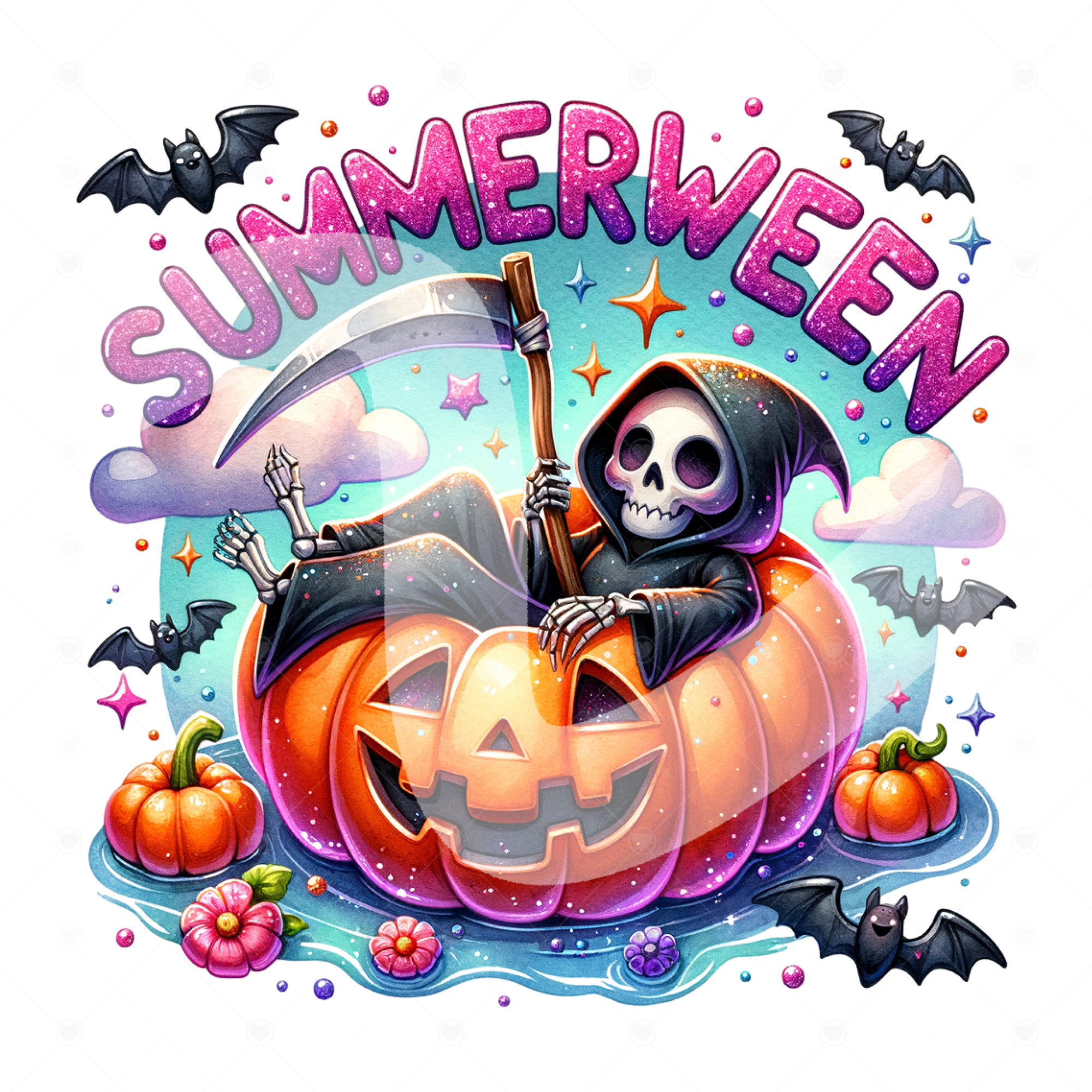 'Summerween' Whimsical Halloween Scene with Cute Grim Reaper and ...