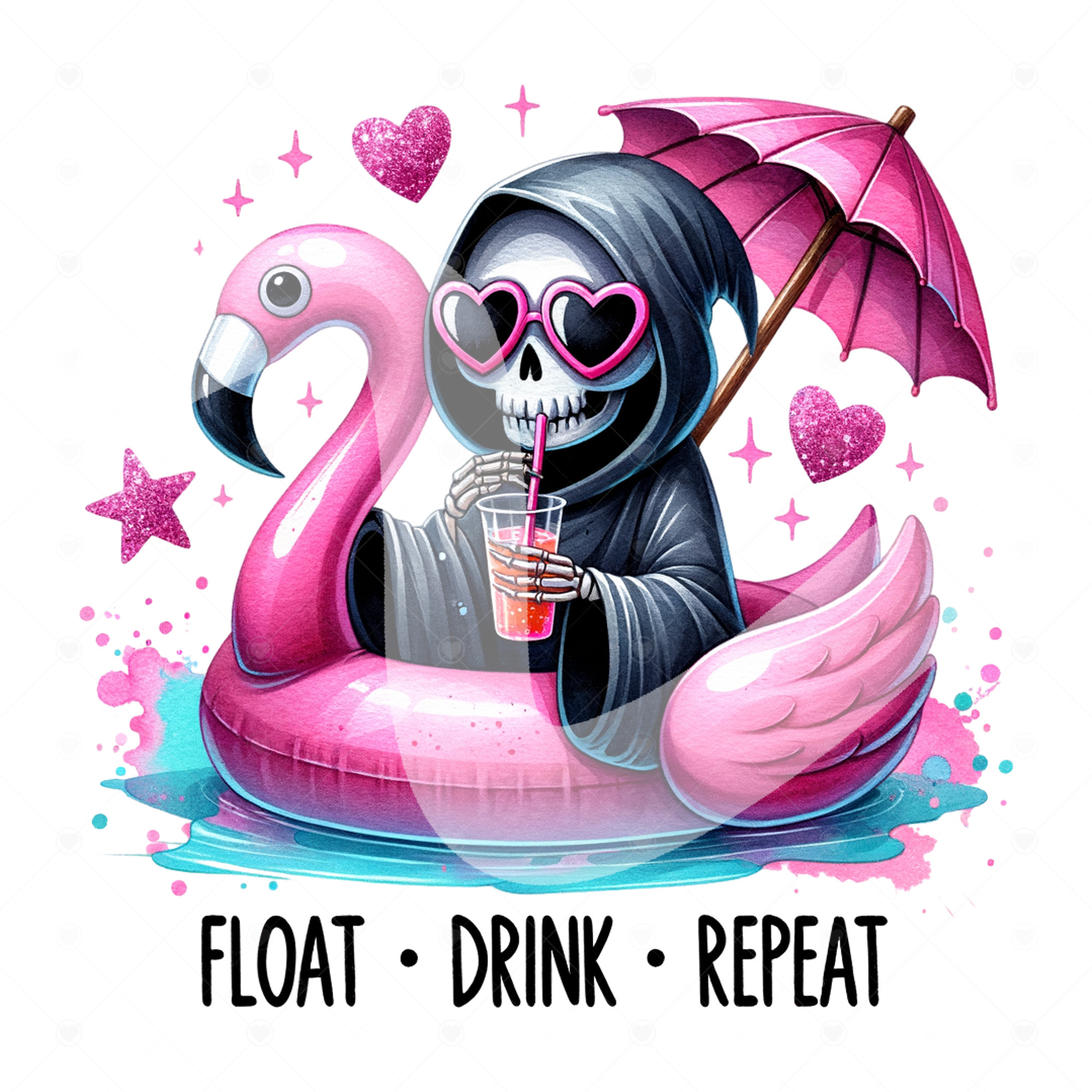 'Float Drink Repeat' Grim Reaper on Pink Flamingo Float Sipping ...