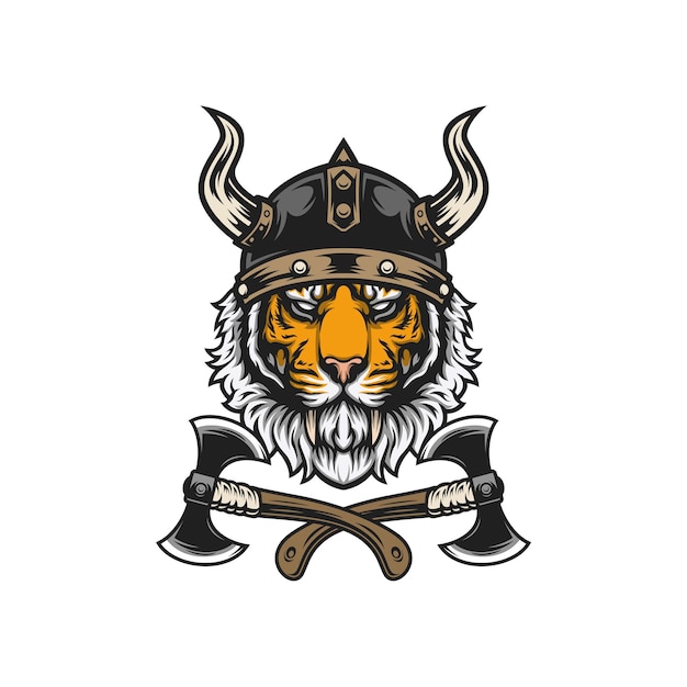Fierce Viking Tiger Mascot with Horned Helmet and Axes | Jiffy Designs