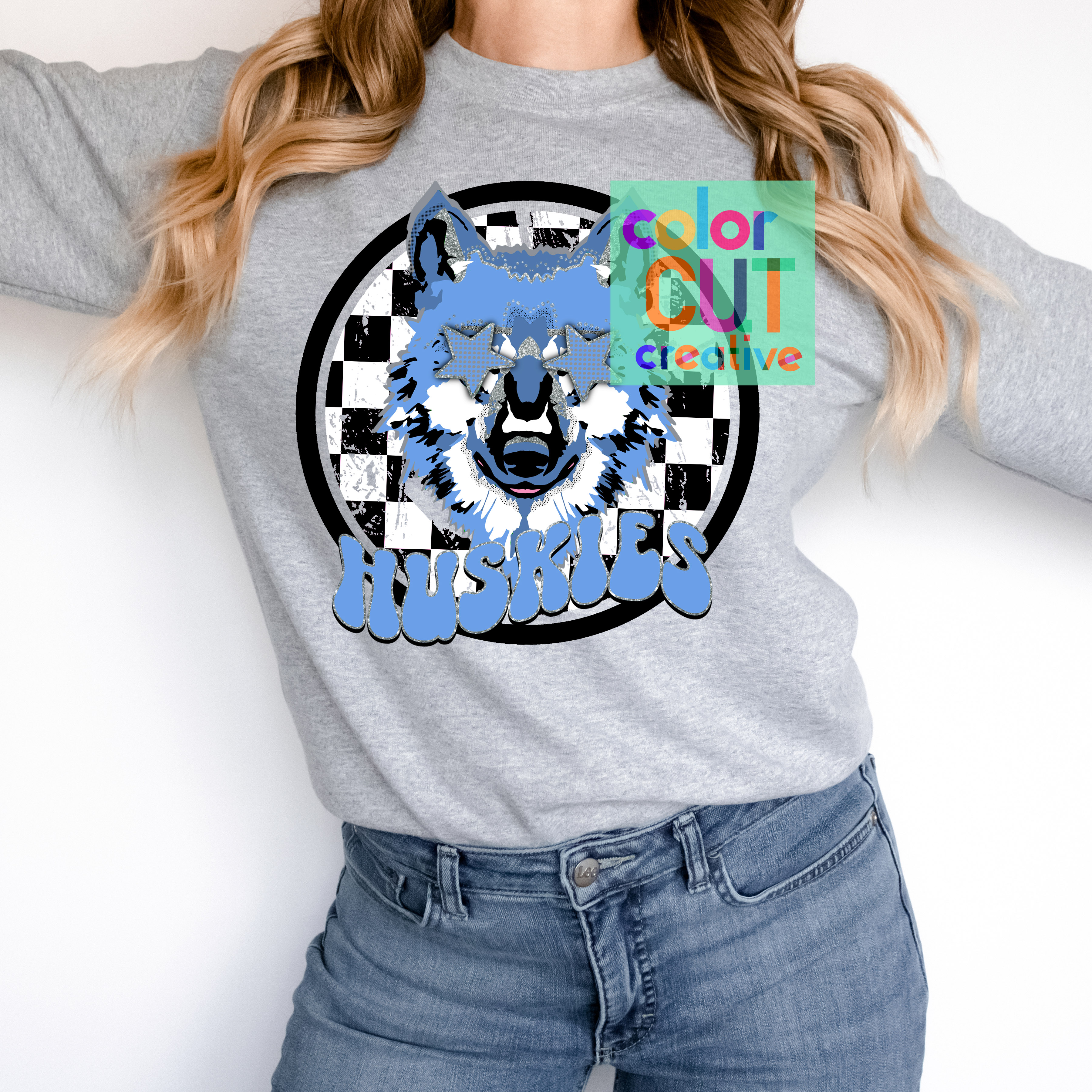 'Huskies' Geometric Wolf Head on Checkered Circular Background | Jiffy ...