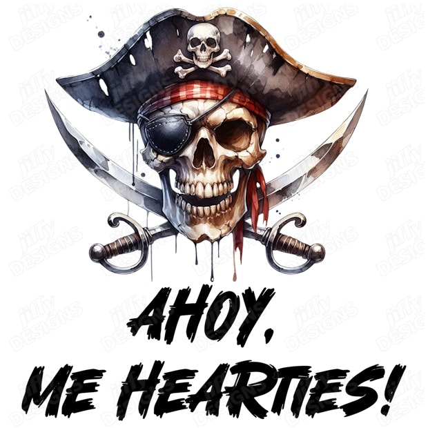 'Ahoy, Me Hearties!' Swashbuckling Pirate Skull with Crossed Cutlasses ...