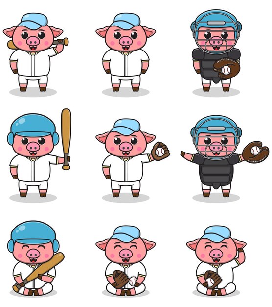 Adorable Pig Characters in Baseball Uniforms and Gear | Jiffy Designs