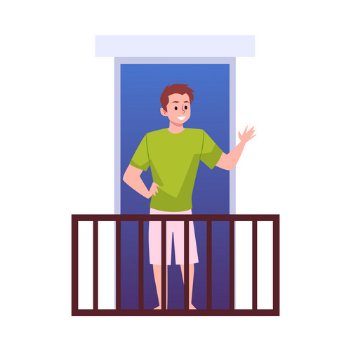 Friendly Man Greeting Neighbors From Balcony Of His Apartment, Flat ...