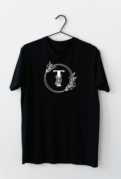 Elegant Monogram T with Floral Wreath on Black Tee | Jiffy Designs
