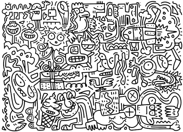 Monochrome Doodle Art with Quirky Abstract Shapes and Characters ...