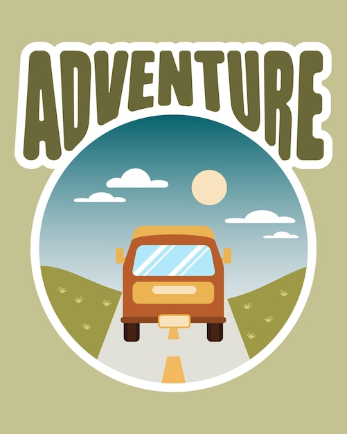 Vibrant Road Trip Adventure Emblem with Retro Camper Van | Jiffy Designs