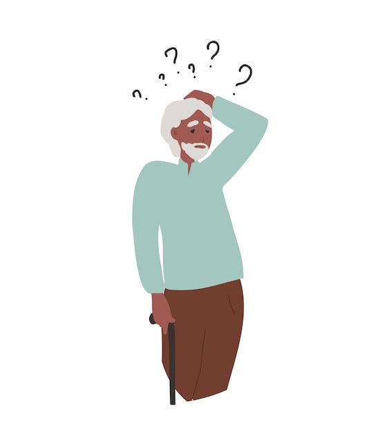 Perplexed Elderly Gentleman with Cane and Question Marks | Jiffy Designs