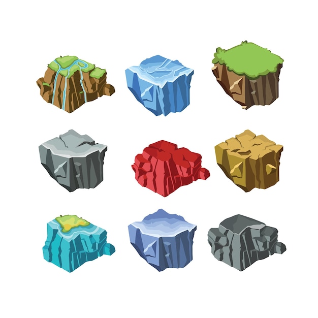 Vibrant Isometric Terrain Blocks: Diverse Landscapes in Pixelated Style ...