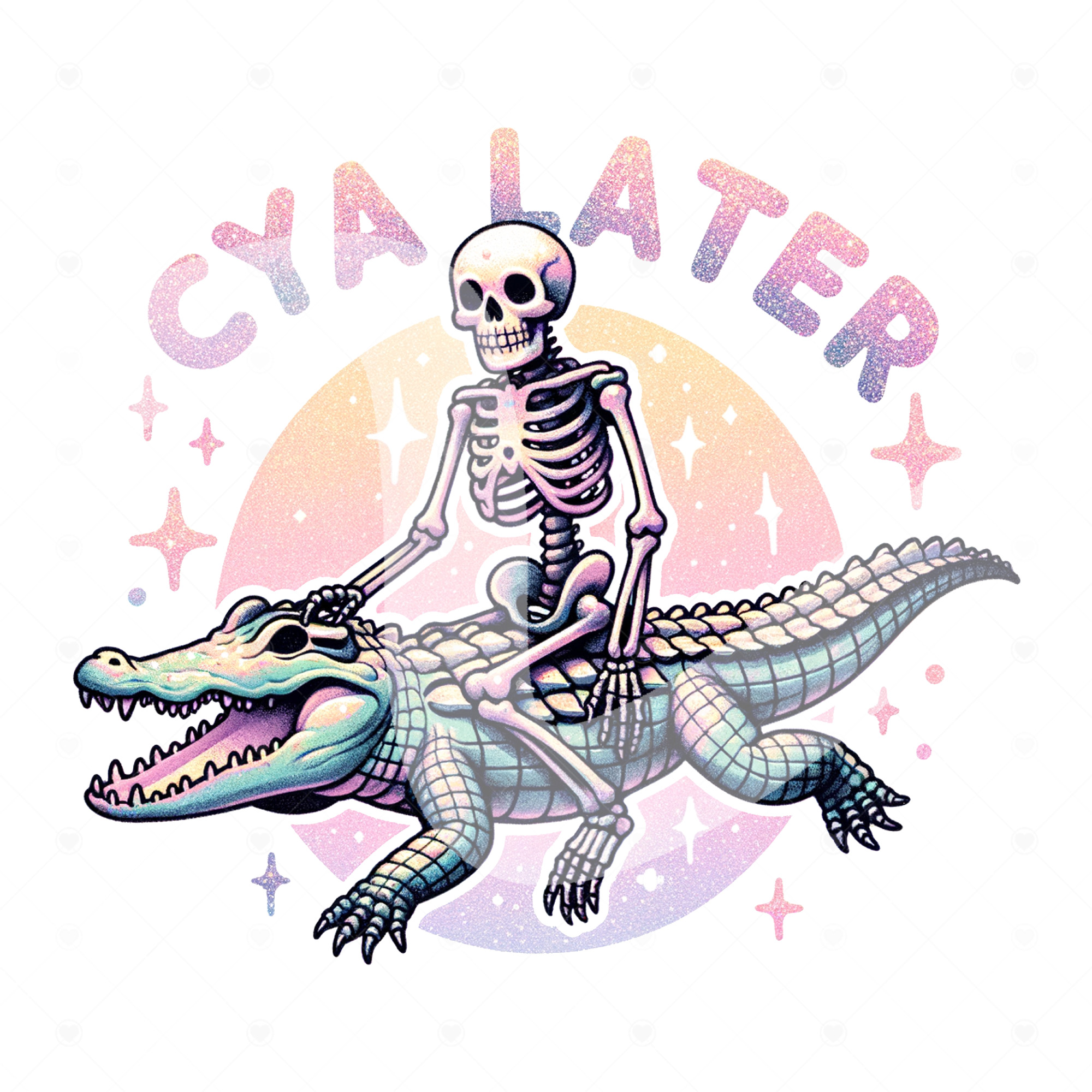 'Cya Later' Skeleton Riding Alligator in Pastel Retro Style | Jiffy Designs