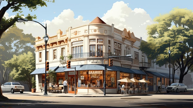 Charming Vintage Building with Outdoor Cafe in Scenic Town | Jiffy Designs