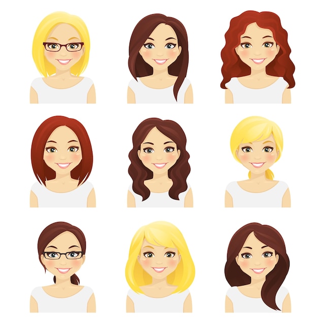 Diverse Women's Portraits: Stylized Illustrations of Varied Hairstyles ...