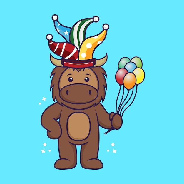 Whimsical Yak Carrying Colorful Party Balloons and Hats | Jiffy Designs