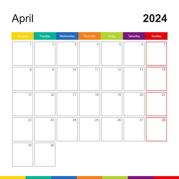 Colorful 2024 April Calendar Grid with Week Numbers | Jiffy Designs