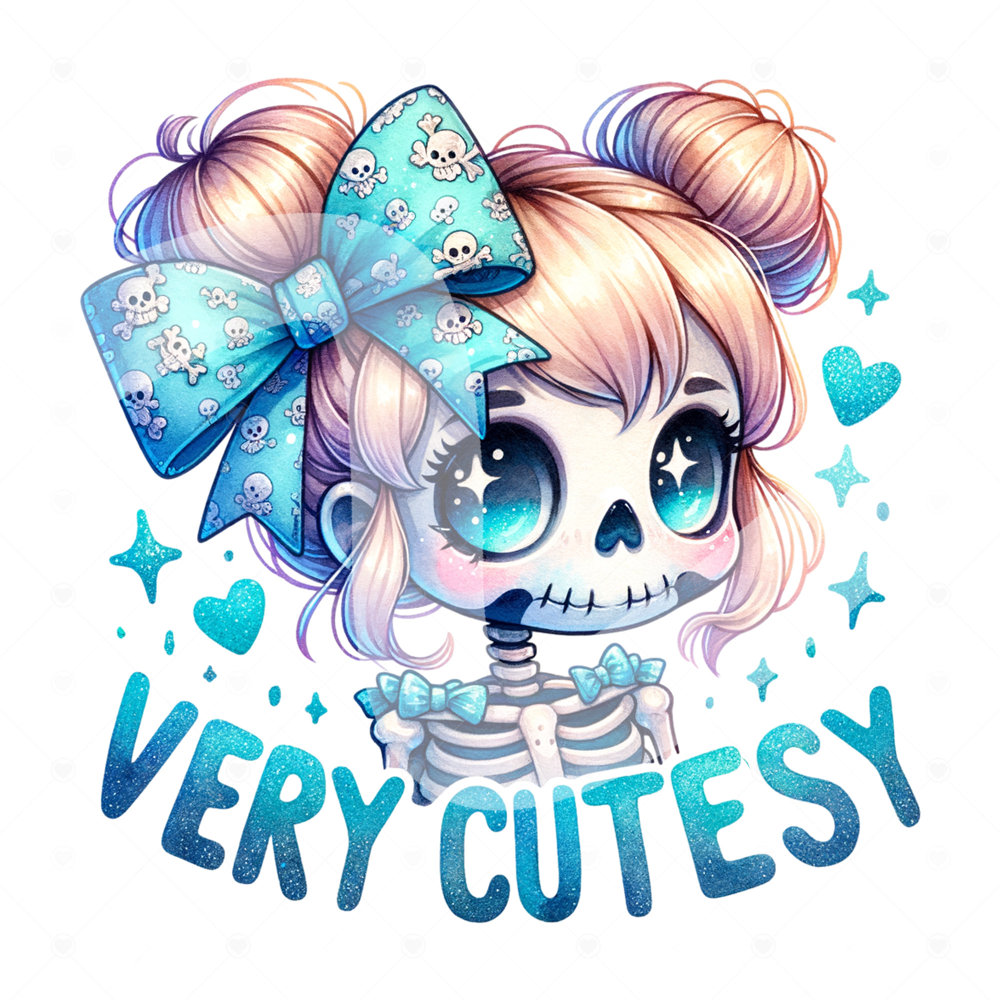 'Very Cutesy' Adorable Skeleton Girl with Vibrant Blue Bow and Hearts ...