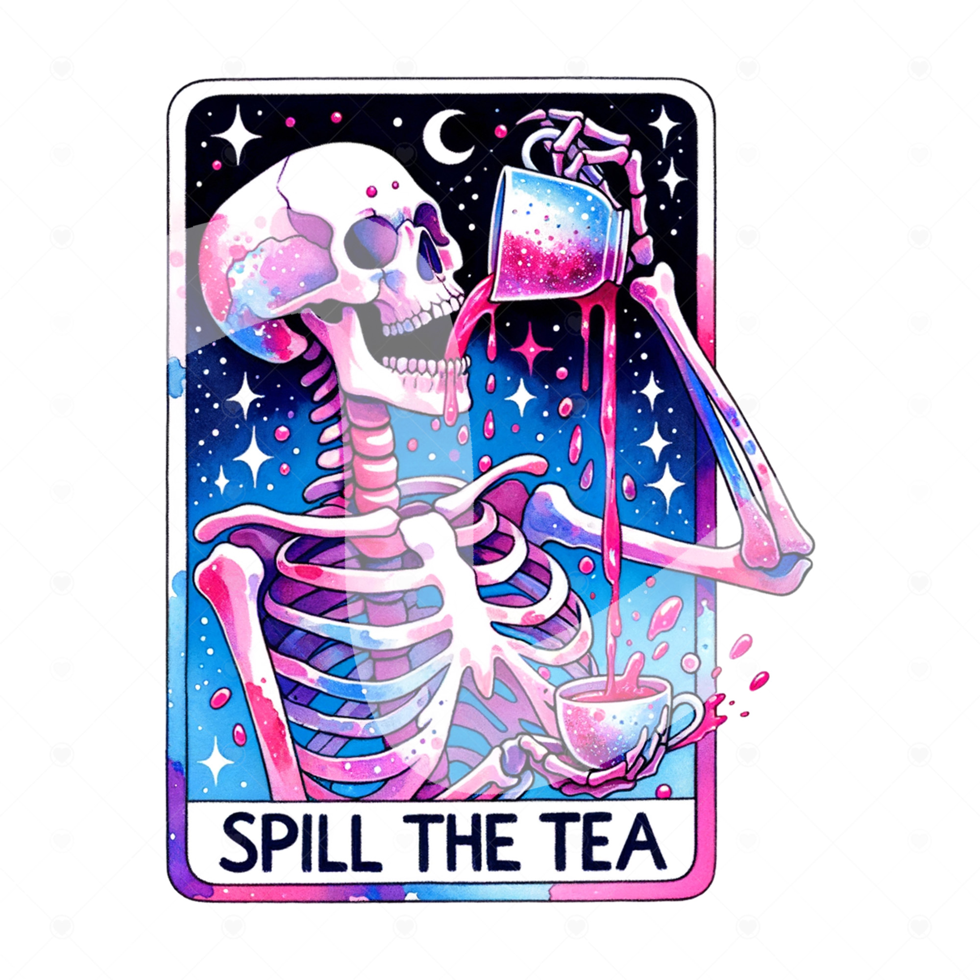 'Spill The Tea' Skeleton Sipping Cosmic Brew in Vibrant Neon Wonderland ...