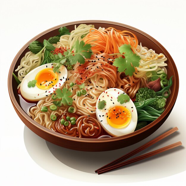 Savory Asian Noodle Bowl with Vibrant Vegetables and Soft Boiled Eggs ...
