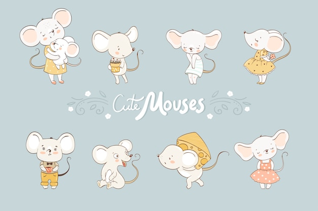 Adorable Collection of Cute Cartoon Mice in Various Poses | Jiffy Designs