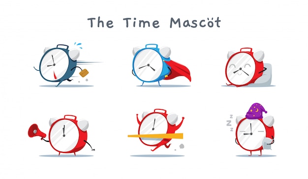 Whimsical Alarm Clock Mascots in Playful Poses | Jiffy Designs