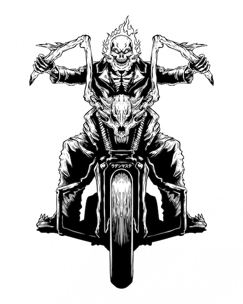Fiery Skull Rider Charging on Motorcycle in Monochrome | Jiffy Designs
