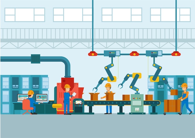 Automated Factory Floor with Robotic Arms and Workers | Jiffy Designs
