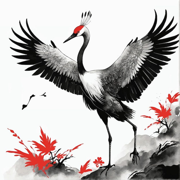 Majestic Crane with Outstretched Wings Among Red Foliage | Jiffy Designs