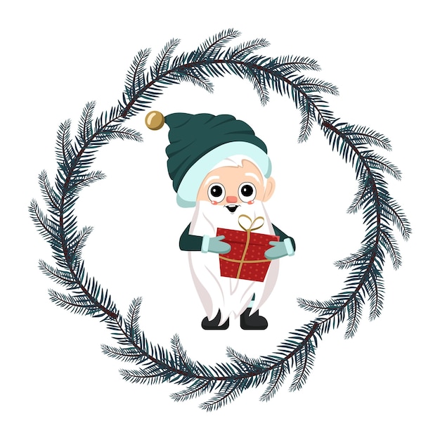 Cheerful Elf in Snowy Evergreen Wreath Holding Gift | Jiffy Designs