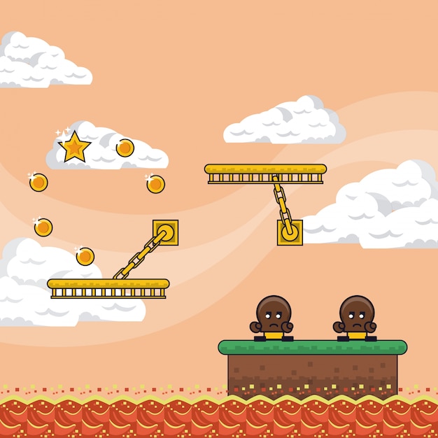 Retro Platformer Game Scene with Clouds and Pixelated Characters ...