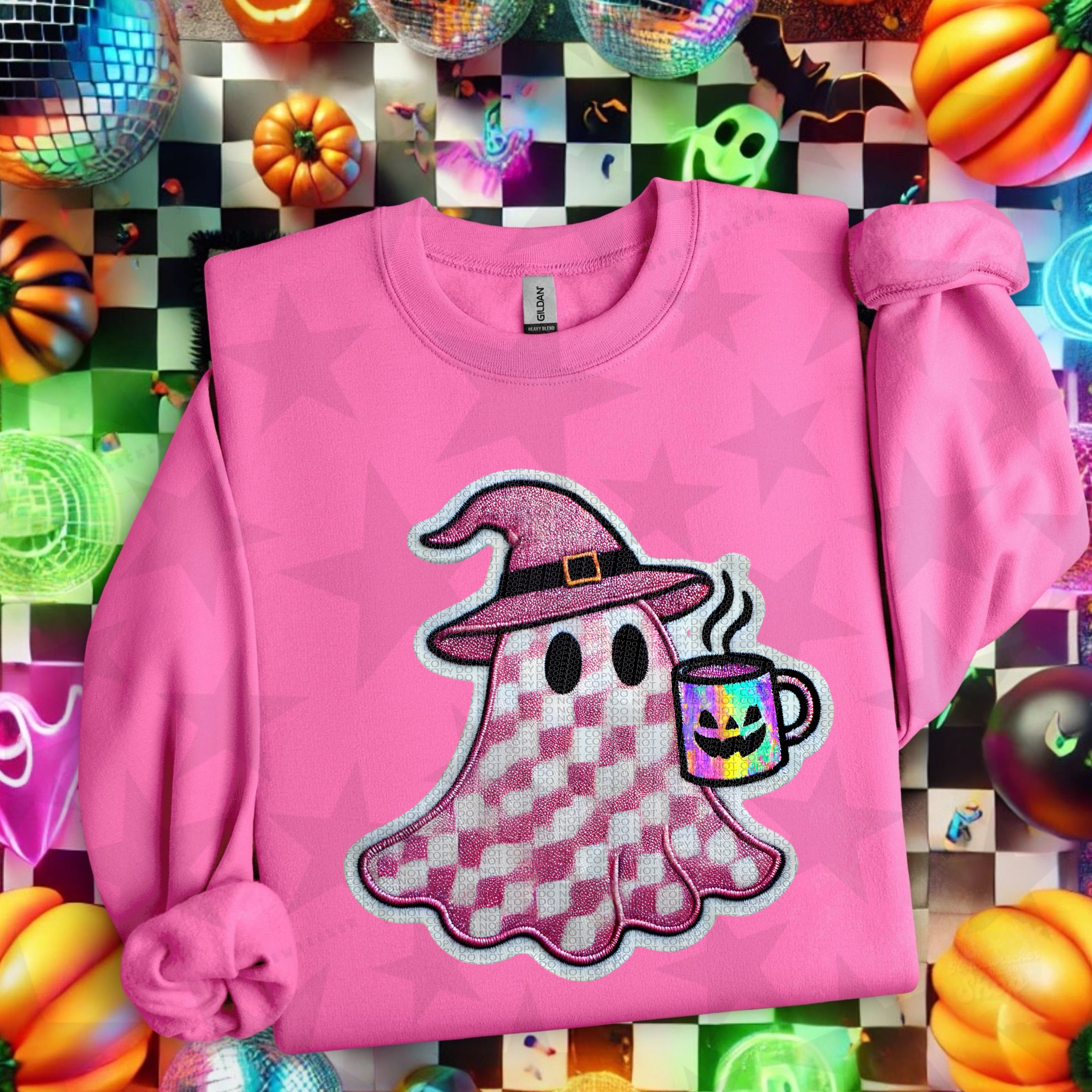 Checkered Ghost with Witch Hat Holding Colorful Mug | Jiffy Designs