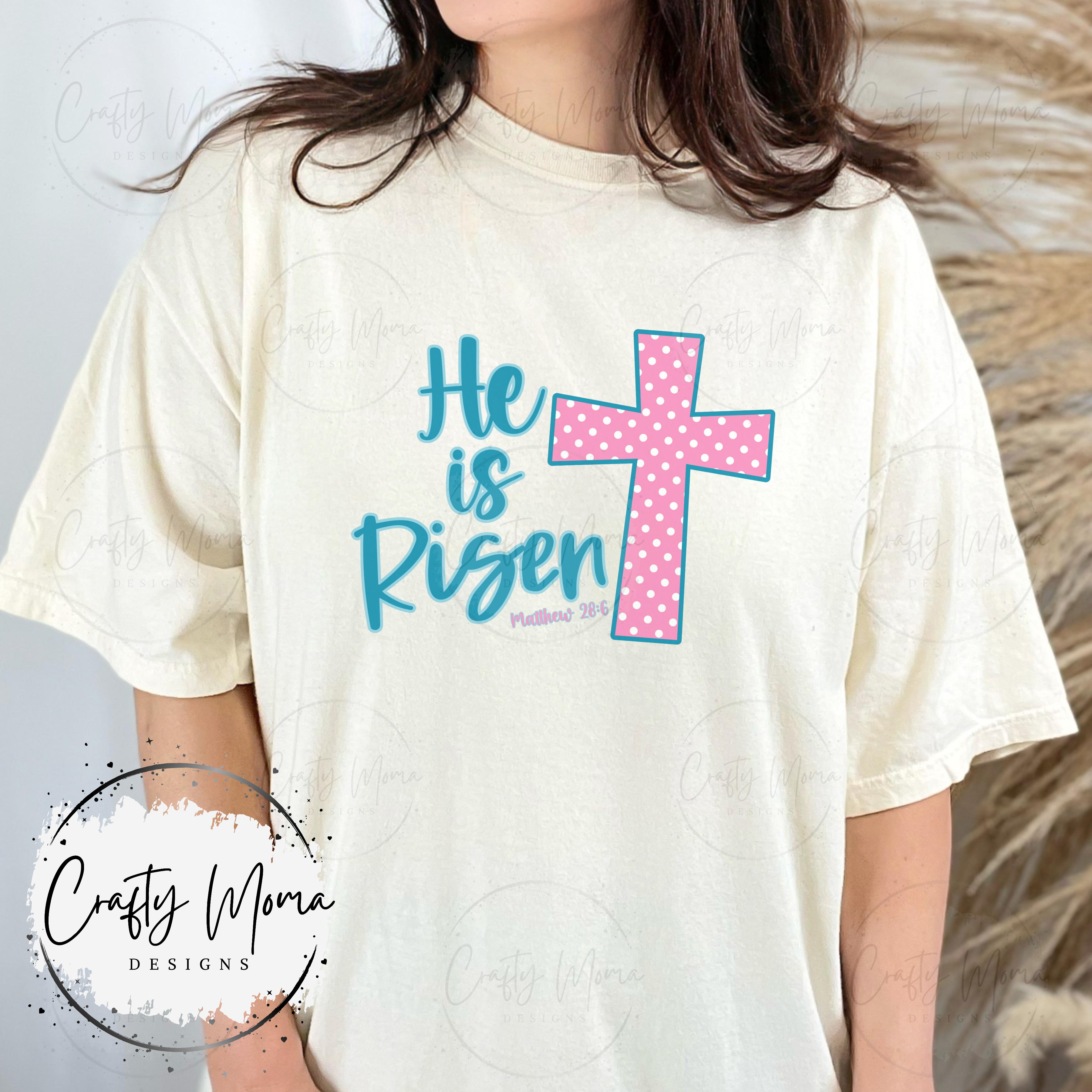 He is Risen - Pink Polka Dot Cross - Christian PNG | Jiffy Designs