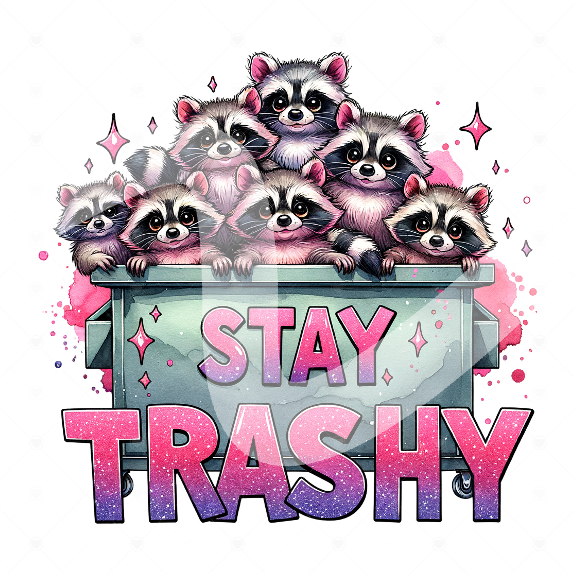 'Stay Trashy' Adorable Raccoon Gang Peeking from Colorful Dumpster | Jiffy Designs