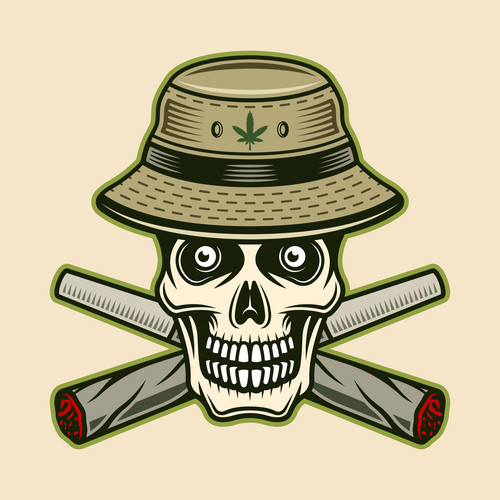 Skull In Bucket Hat And Two Crossed Weed Joints. Vector Illustration In ...