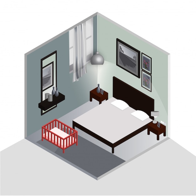 Isometric Bedroom Interior with Minimalist Design and Color Scheme ...