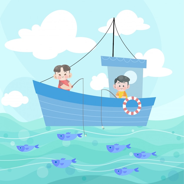 Whimsical Sailing Adventure with Smiling Cartoon Characters on Boat ...