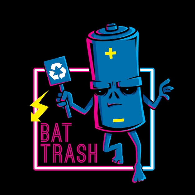 Vibrant Neon Bat Trash Can Icon with Recycling Symbol | Jiffy Designs