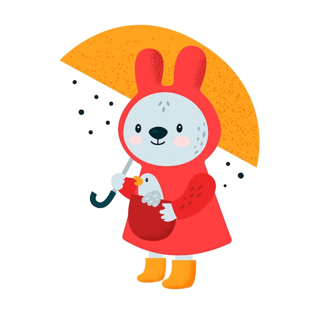 Cute Cartoon Rabbit in Red Raincoat and Umbrella | Jiffy Designs