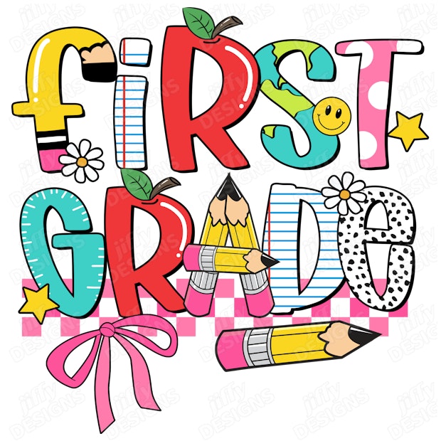 'First Grade' Vibrant Typography with Playful Educational Symbols ...