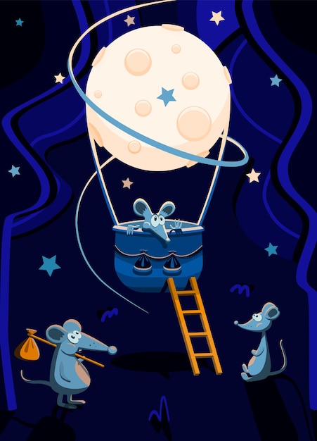 Whimsical Night Sky Adventure with Playful Mice and Moon | Jiffy Designs