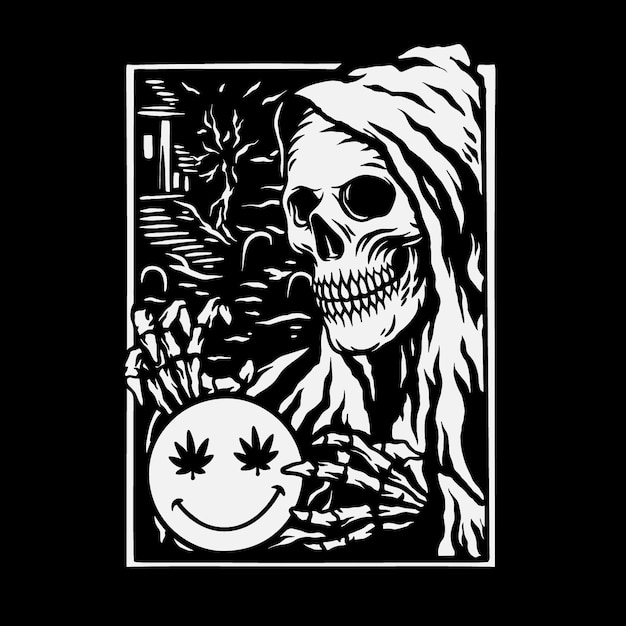 Grim Reaper Holding Smiley Face Amid Chaotic Imagery | Jiffy Designs