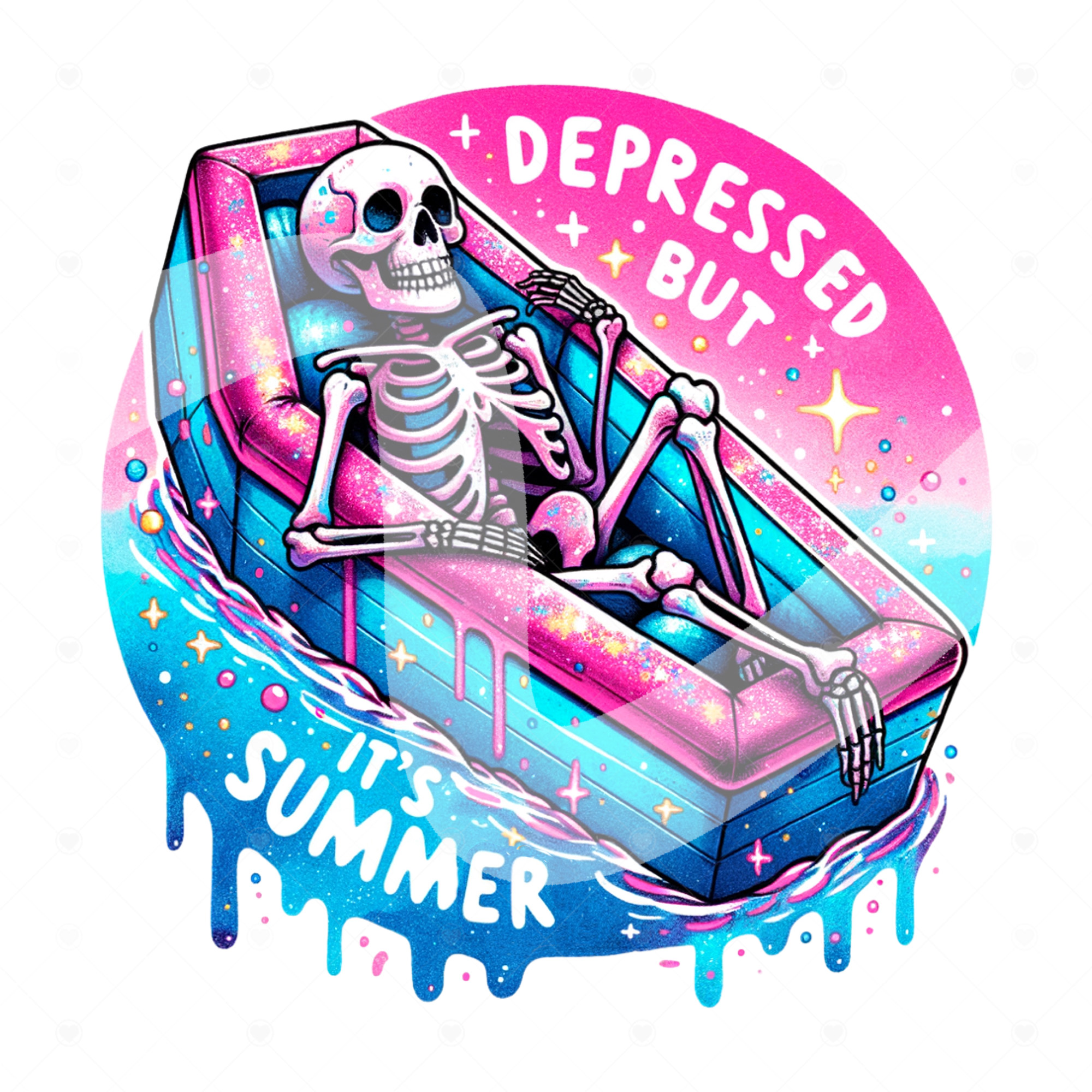 'Depressed But It's Summer' Skeleton Lounging in Vibrant Neon Pool ...