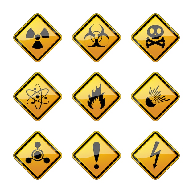 Hazard Warning Signs: Radioactive, Biohazard, Toxic Symbols on Yellow ...