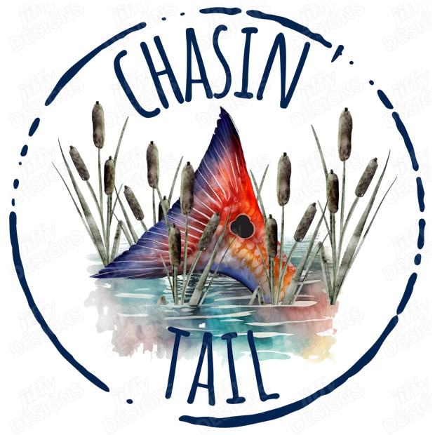 'Chasin' Tail' Circular Emblem with Vibrant Fish and Cattails | Jiffy ...