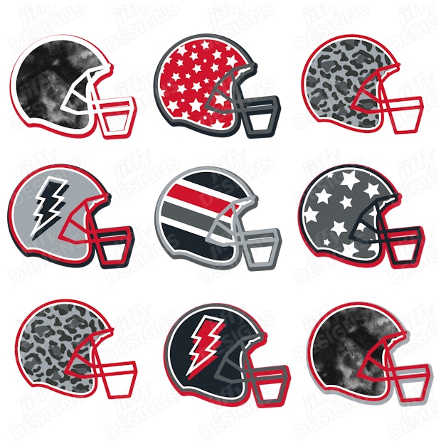 Stylized Football Helmets with Diverse Patterns and Iconic Symbols ...