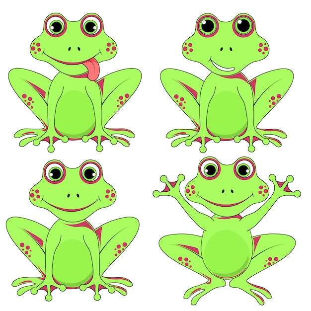 Vibrant Green Frog Illustrations with Expressive Facial Expressions ...