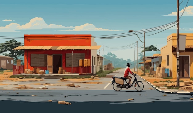 Vibrant Roadside Shops and Cyclist in Rustic Village Scene | Jiffy Designs