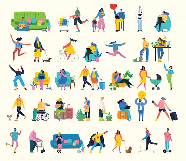 Diverse Collection of Illustrated Characters in Various Everyday Scenes ...
