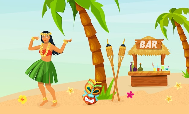 Vibrant Hawaiian Beach Scene with Hula Dancer and Tiki Bar | Jiffy Designs