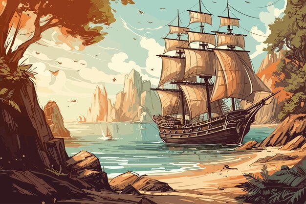 Majestic Tall Ship Sailing Through Rugged Coastal Landscape | Jiffy Designs